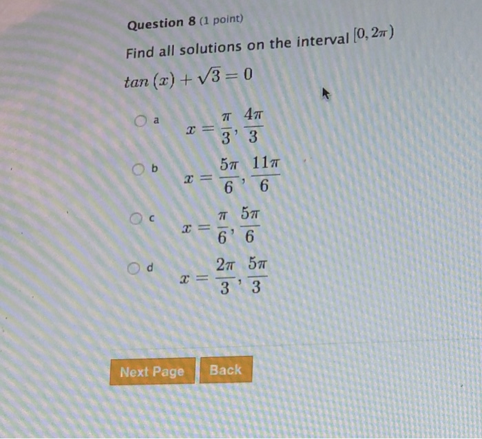 Solved Question 8 (1 point) Find all solutions on the | Chegg.com