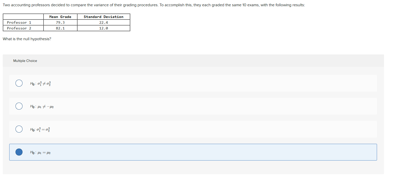 Solved What is the null hypothesis? Multiple Choice | Chegg.com