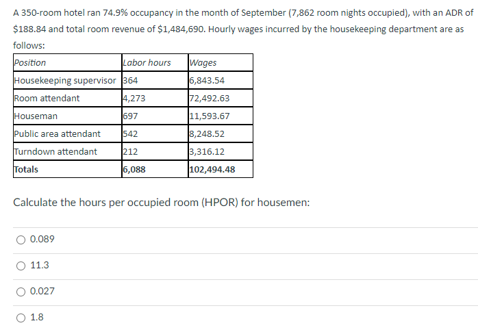 Solved A 350-room hotel ran 74.9% occupancy in the month of | Chegg.com