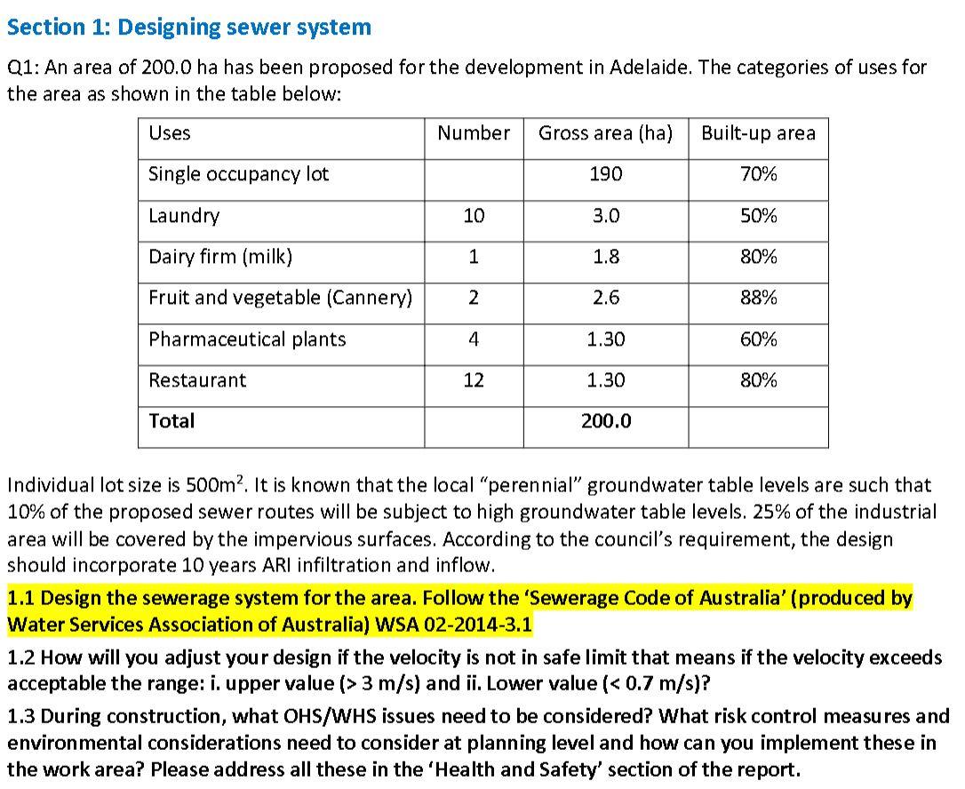 Solved Section 1: Designing sewer system Q1: An area of | Chegg.com