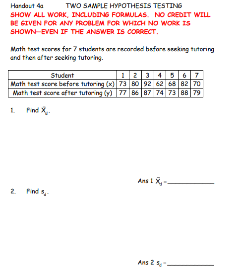 Solved Handout 4a TWO SAMPLE HYPOTHESIS TESTING SHOW ALL | Chegg.com