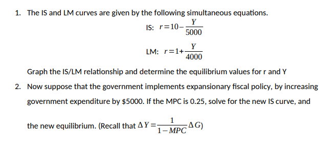 Solved 1. The IS and LM curves are given by the following | Chegg.com
