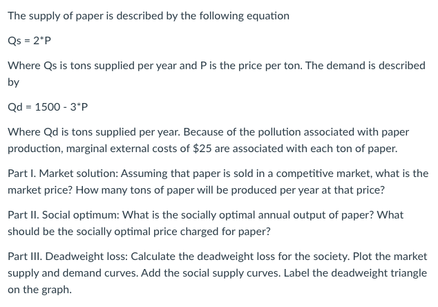 Solved The supply of paper is described by the following | Chegg.com