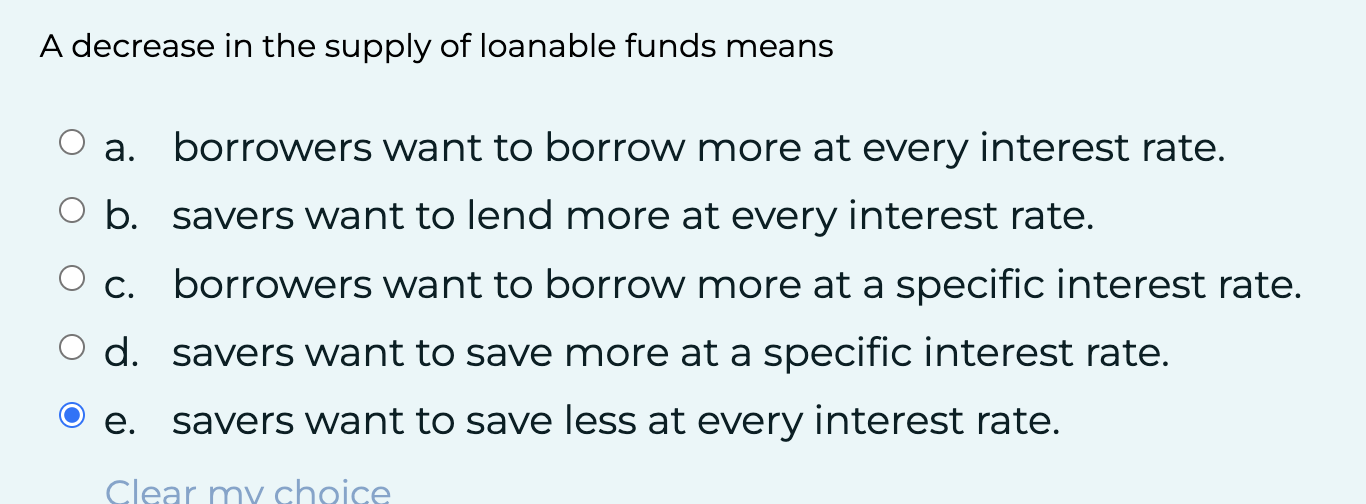 Solved A decrease in the supply of loanable funds means a. | Chegg.com
