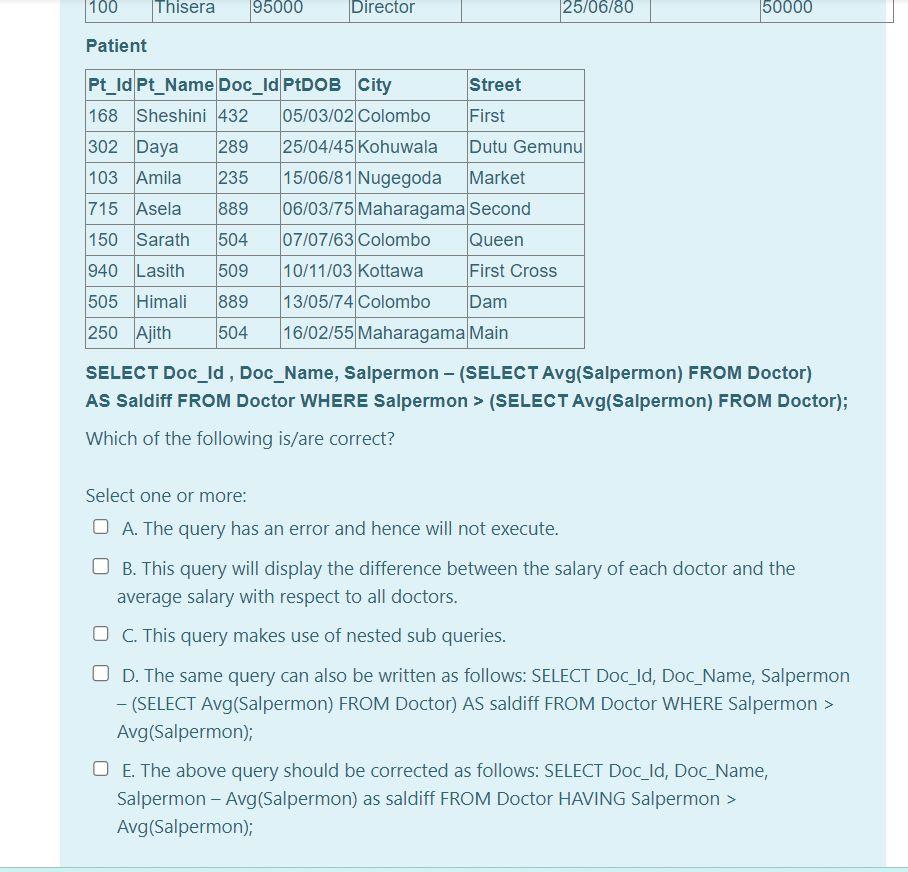 Solved SELECT Doc_Id , Doc_Name, Salpermon - (SELECT | Chegg.com