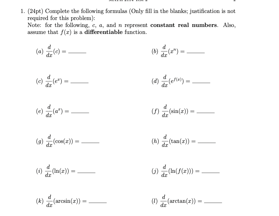 Solved 1. (24pt) Complete the following formulas (Only fill | Chegg.com