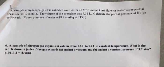 Solved sample of hydrogen gas was collected over water at | Chegg.com