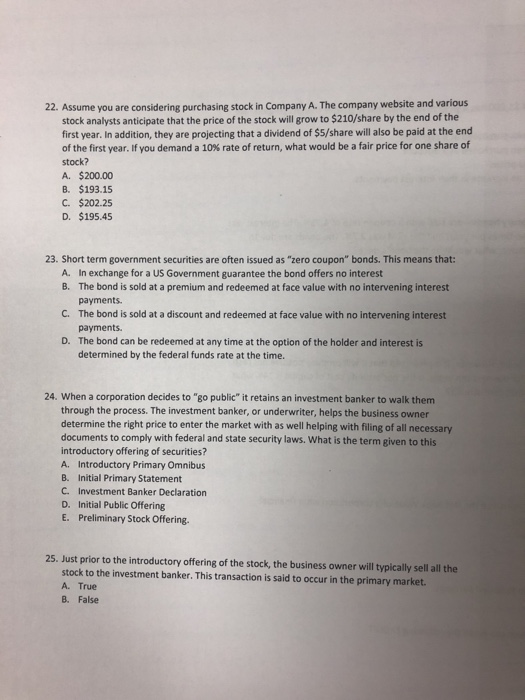 Solved 22. Assume you are considering purchasing stock in | Chegg.com