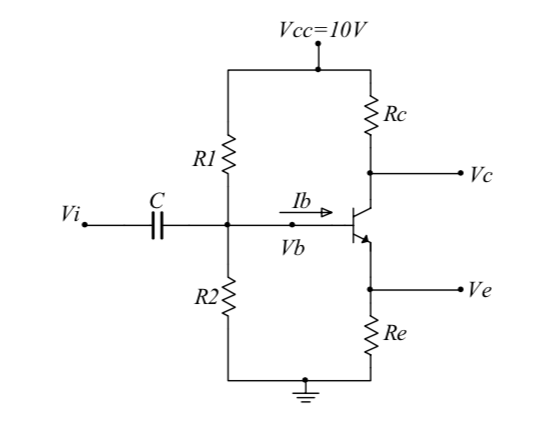 Solved In this circuit R1=100kΩ, R2=25kΩ, Rc=25kΩ, Re=5kΩ, | Chegg.com