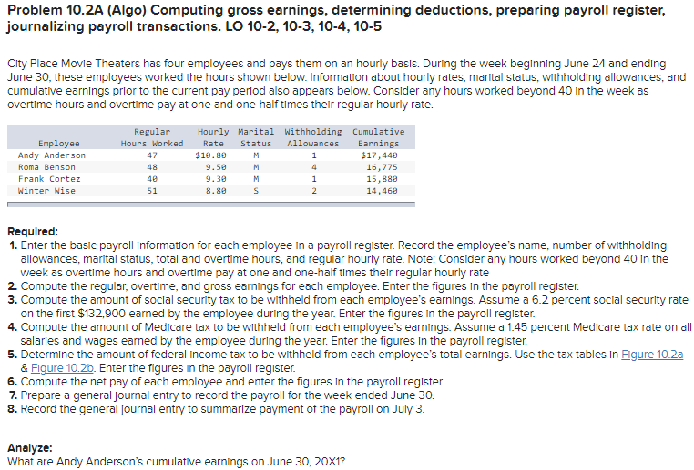 Problem 10.2A (Algo) Computing gross earnings, | Chegg.com