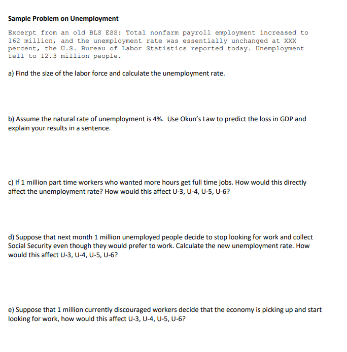 Solved Sample Problem on Unemployment Excerpt from an old | Chegg.com