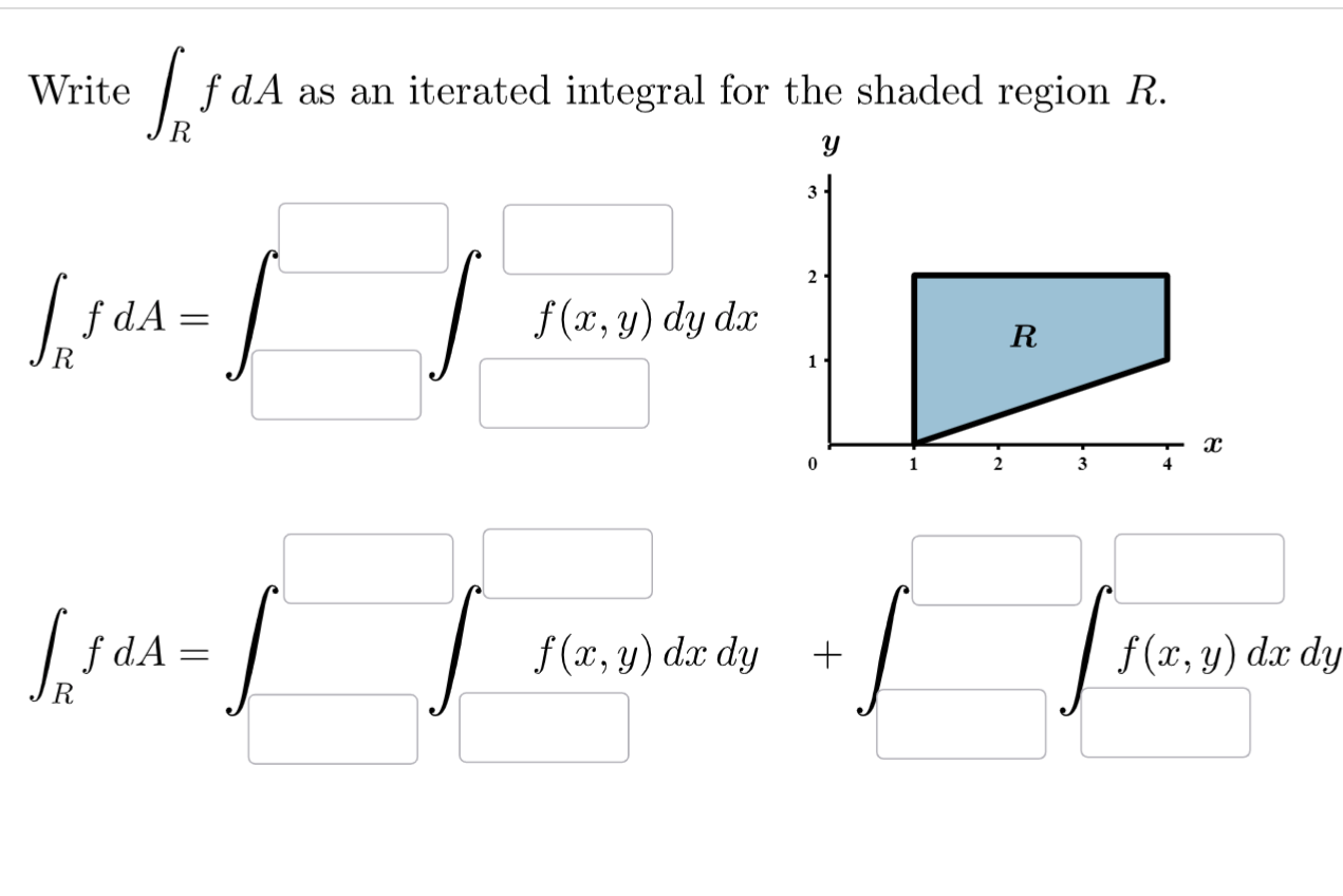 Solved Write int_(R)fdA as an iterated integral for the | Chegg.com