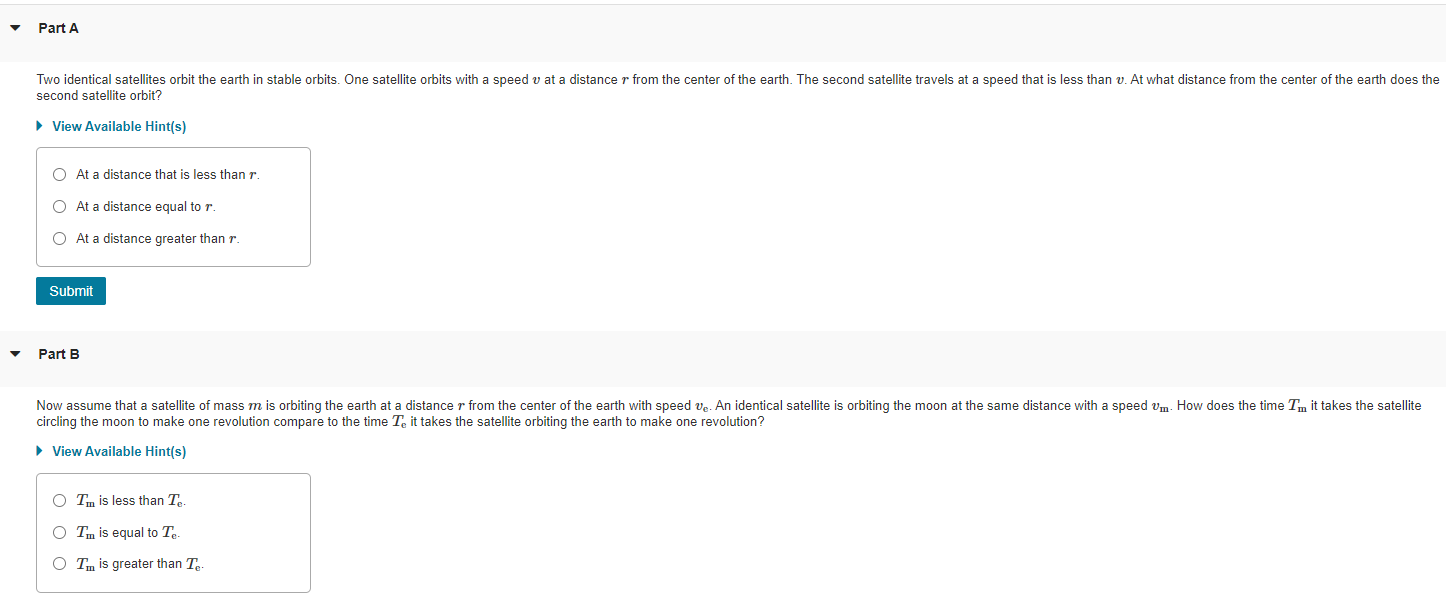 Solved second satellite orbit? View Available Hint(s) At a | Chegg.com