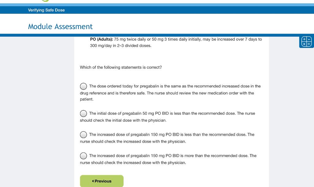 Solved Verifying Safe Dose Module Assessment PO (Adults): 75 | Chegg.com