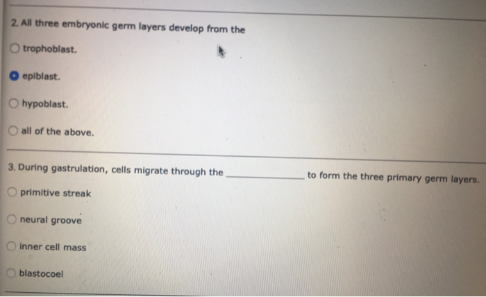 Solved 2. All three embryonic germ layers develop from the O | Chegg.com