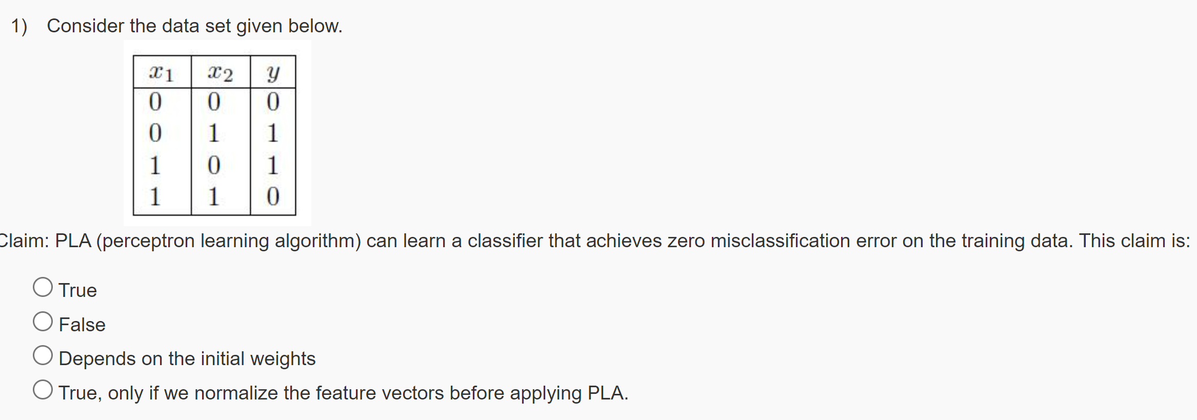 Solved 1) Consider the data set given below. laim: PLA | Chegg.com