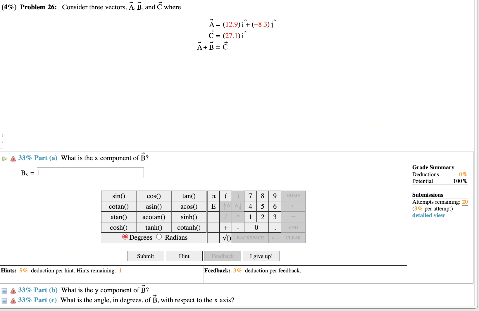 Solved (4\%) Problem 26: Consider three vectors, A,B, and C | Chegg.com
