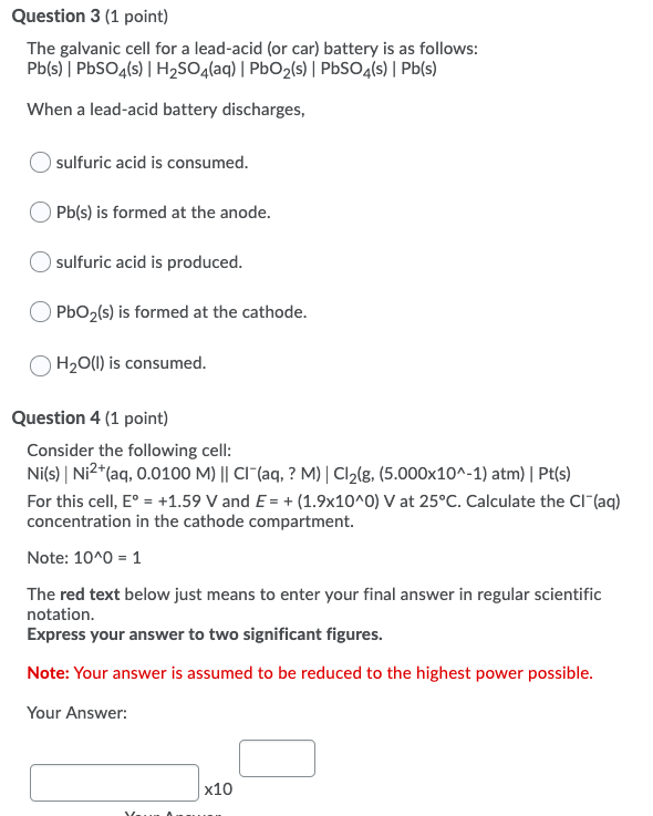 Solved Question 3 (1 point) The galvanic cell for a | Chegg.com
