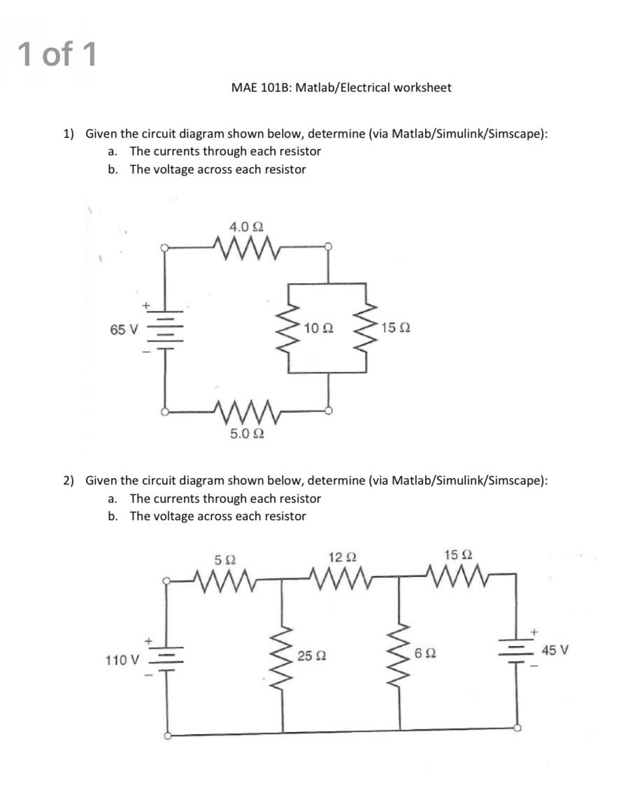 Solved 1of1 MAE 101B: Matlab/Electrical worksheet 1) Given | Chegg.com