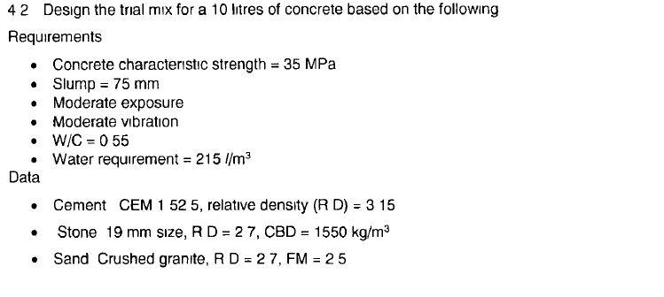 Solved . 42 Design the trial mix for a 10 litres of concrete | Chegg.com