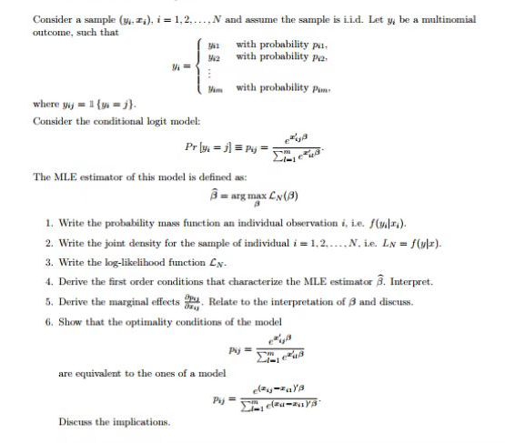 Consider a sample (yi,xi),i=1,2,…,N and assume the | Chegg.com