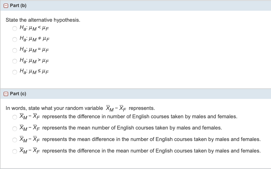 Solved State the null hypothesis. H0:μM≤μF H0:μM>μF H0:μM=μF | Chegg.com