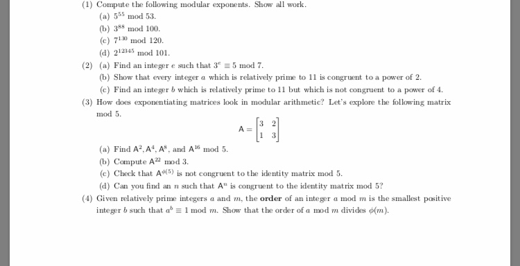Solved (1) Compute the following modular exponents. Show all | Chegg.com