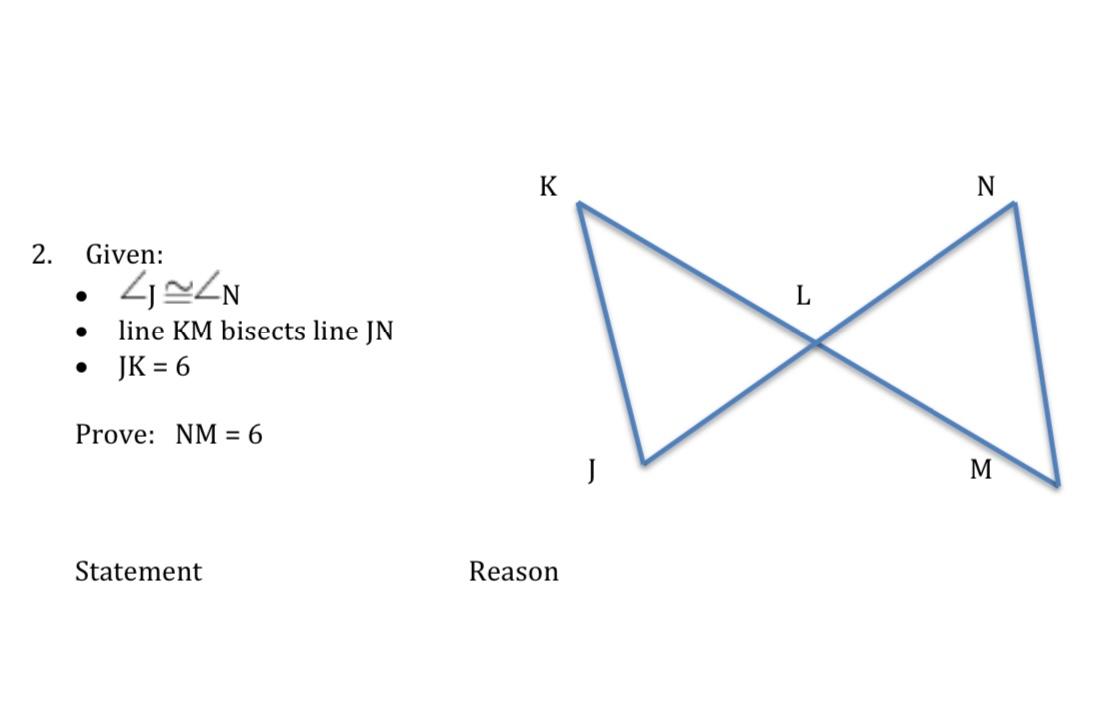 Solved 2. Given: - ∠J≅∠N - line KM bisects line JN - JK=6 | Chegg.com