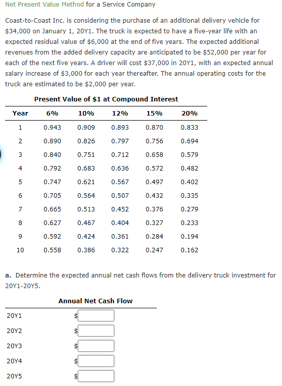 Solved Net Present Value Method for a Service Company | Chegg.com
