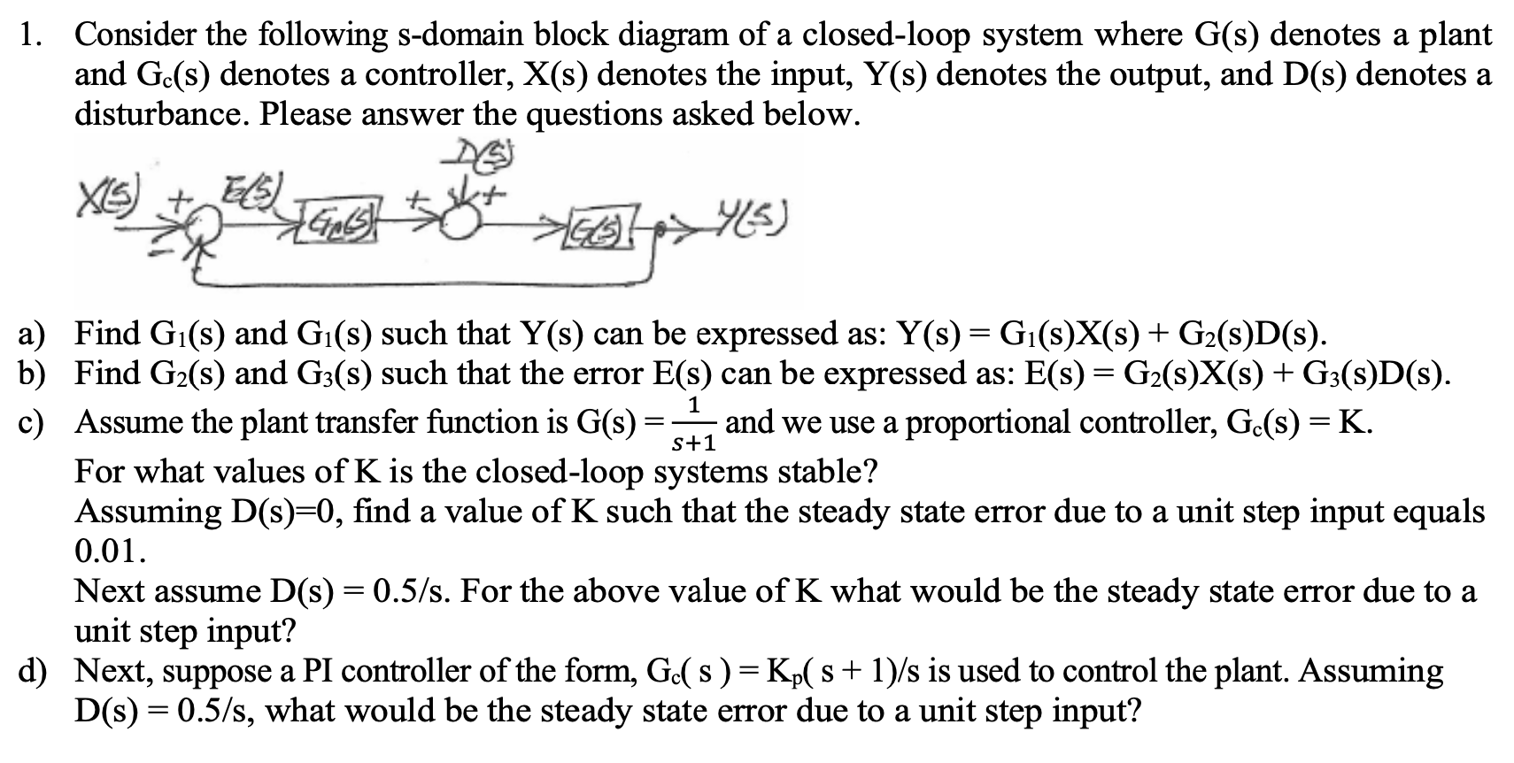 Solved 1. Consider the following s-domain block diagram of a | Chegg.com