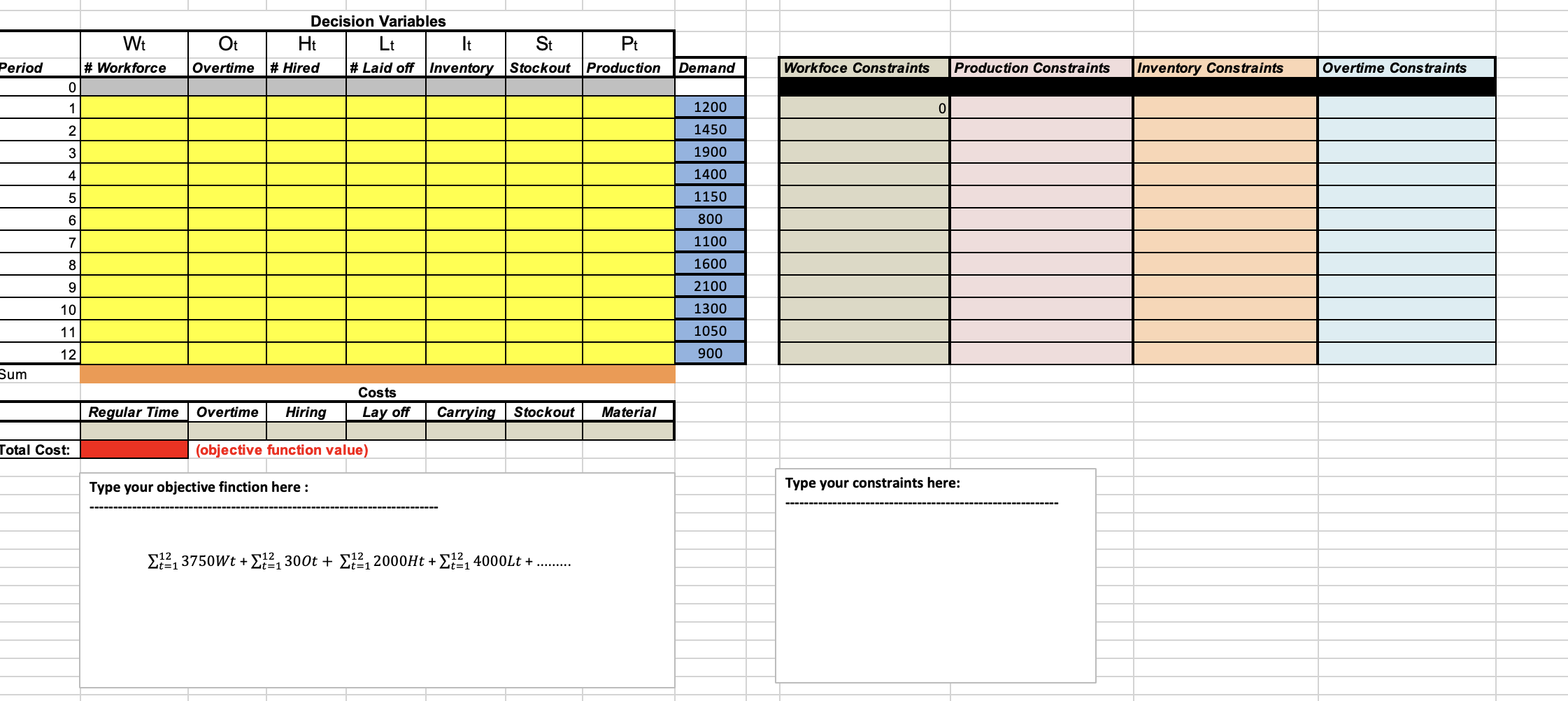 Data sheet:Aggregate planning sheet:Using the | Chegg.com