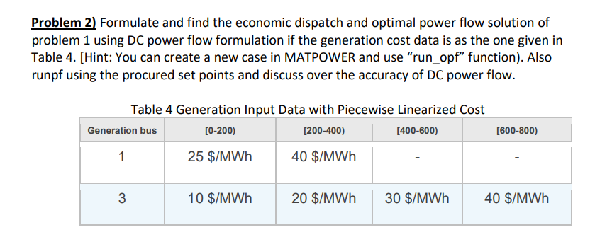 Problem 2) Formulate and find the economic dispatch | Chegg.com