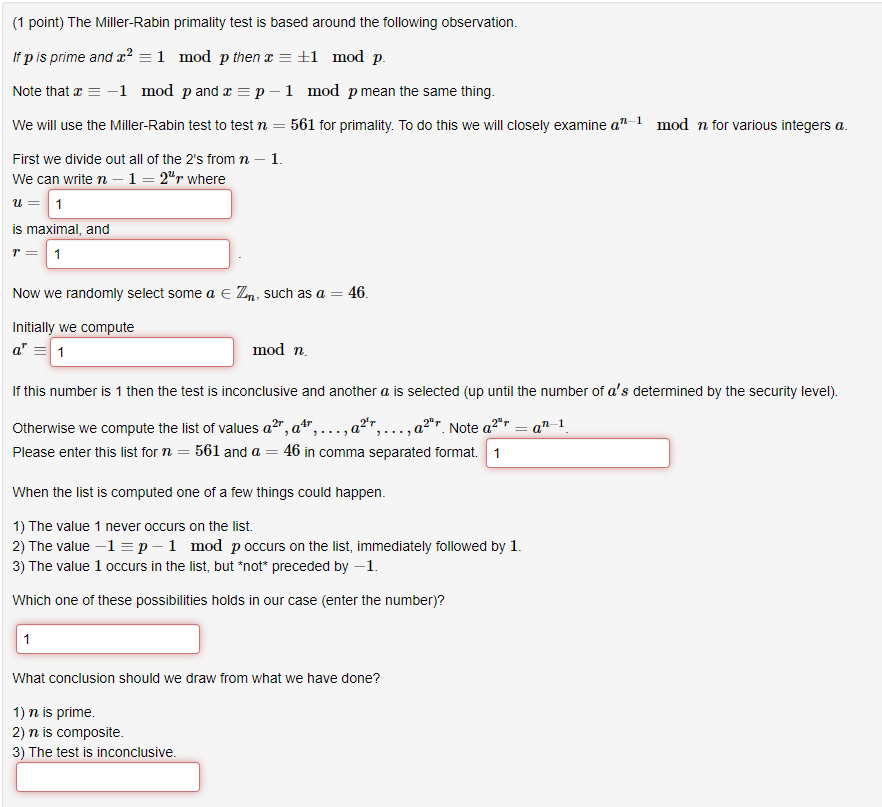 Solved (1 point) The Miller-Rabin primality test is based | Chegg.com