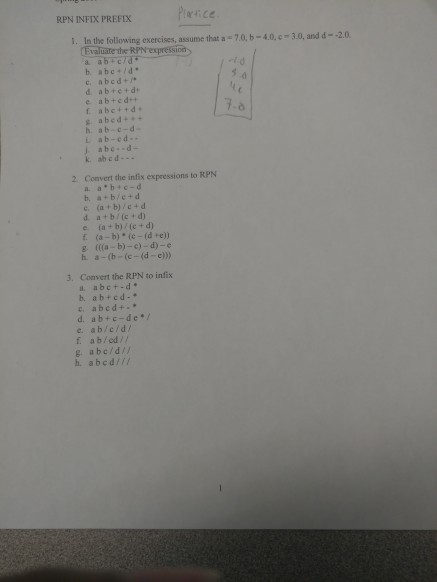 Solved RPN INFIX PREFIX Plaice . In the following exercises, | Chegg.com