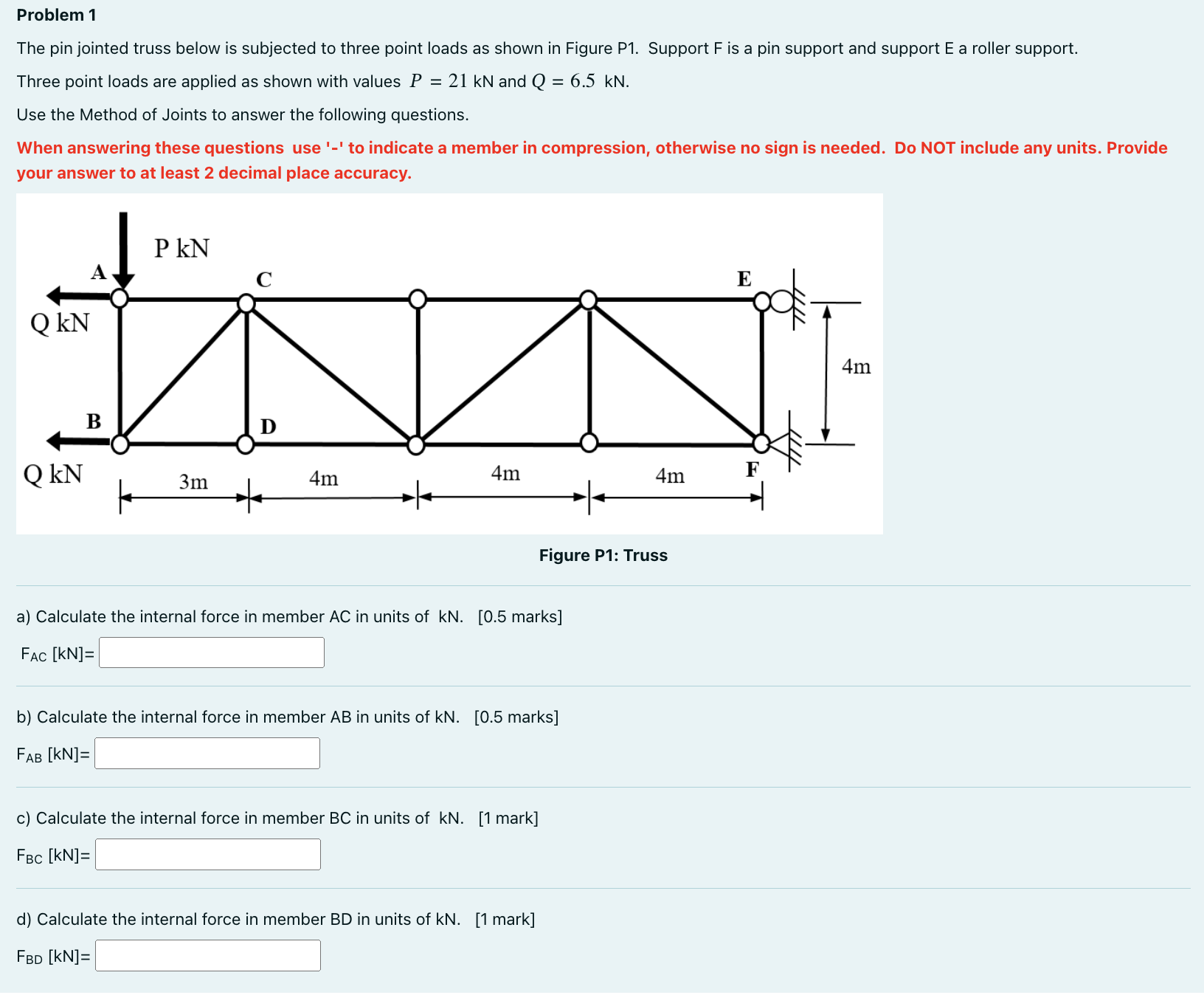 Solved Problem 1 The pin jointed truss below is subjected to | Chegg.com