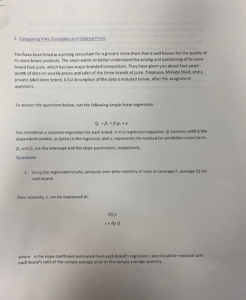 2. Computing Price Elasticities and Optimal Prices | Chegg.com