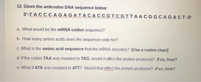 Solved 12. Given the anticodon DNA sequence below | Chegg.com