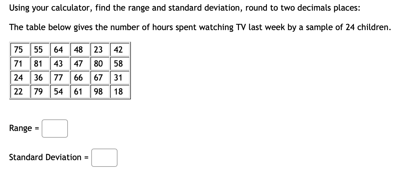 Solved Using your calculator, find the range and standard | Chegg.com
