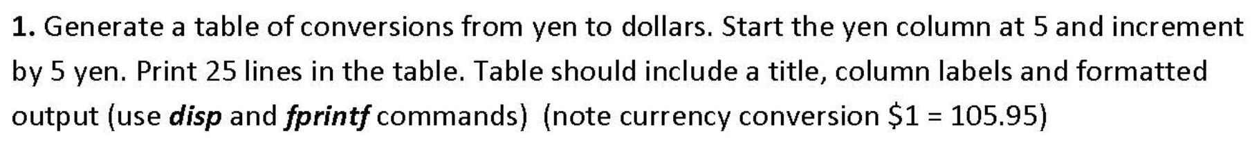 Solved a 1. Generate a table of conversions from yen to | Chegg.com