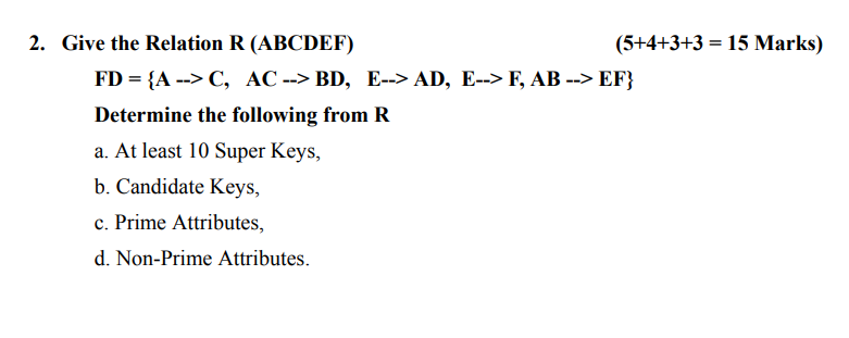 Solved 2. Give the Relation R (ABCDEF) (5+4+3+3 = 15 Marks) | Chegg.com