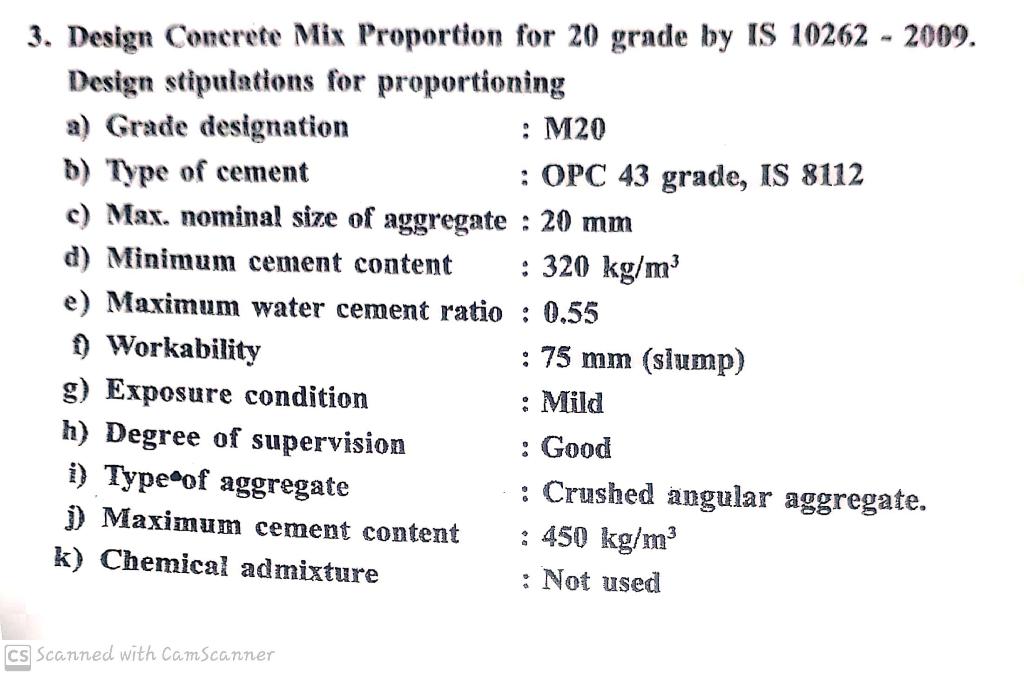 Solved 3. Design Concrete Mix Proportion for 20 grade by IS | Chegg.com