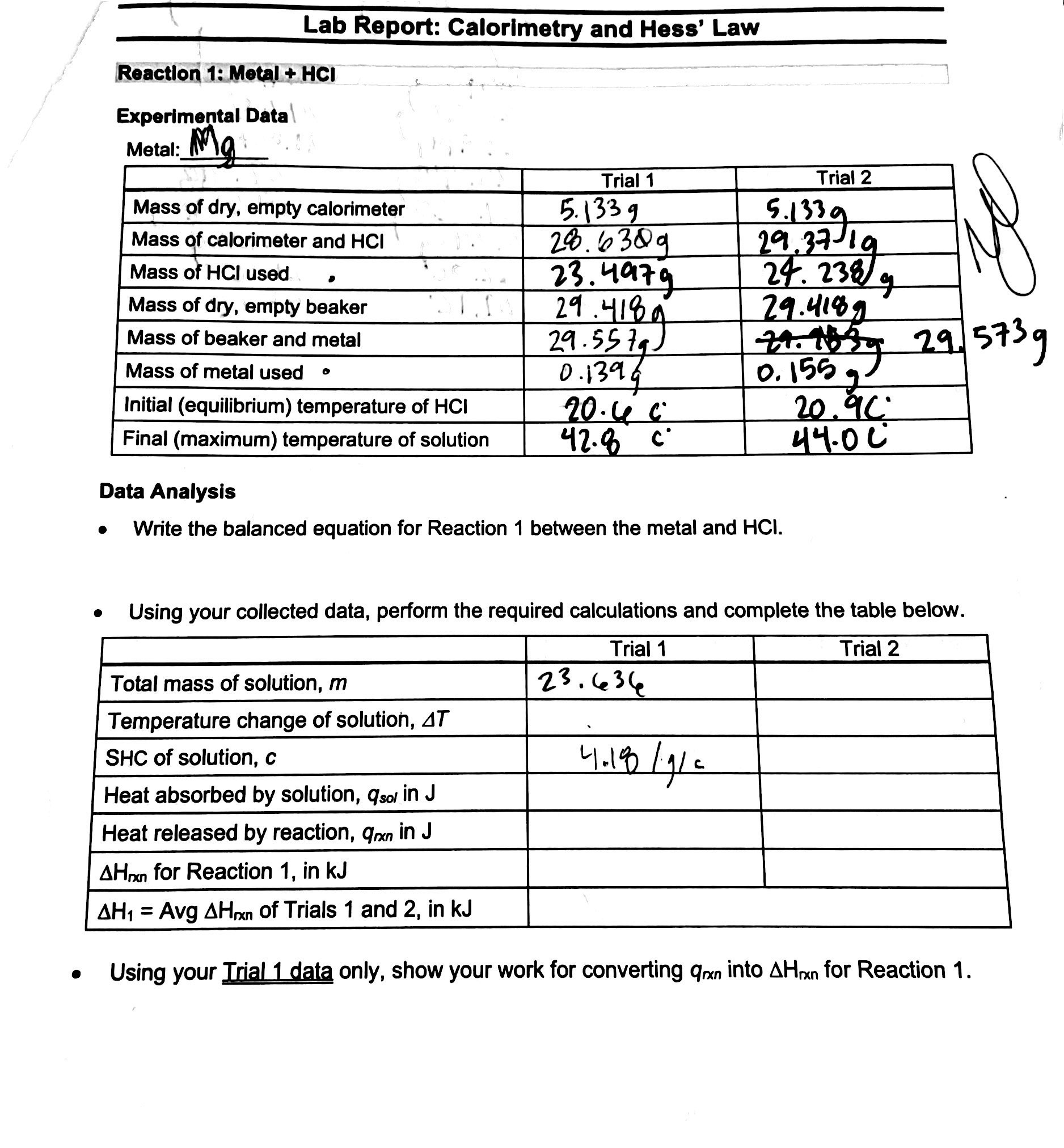 Solved Data Analysis - Write the balanced equation for | Chegg.com