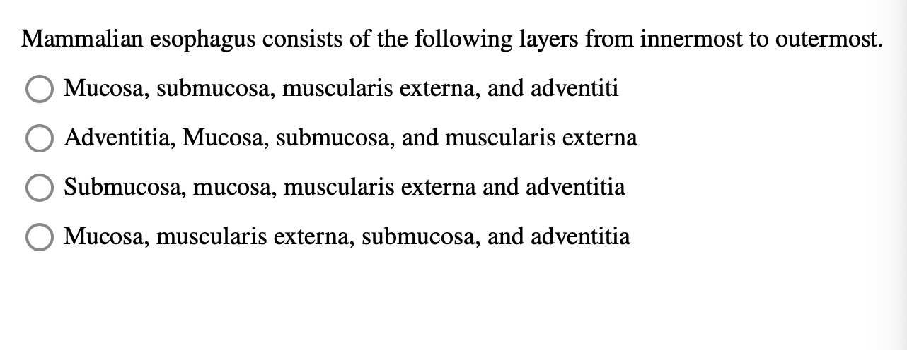 Solved Mammalian esophagus consists of the following layers | Chegg.com