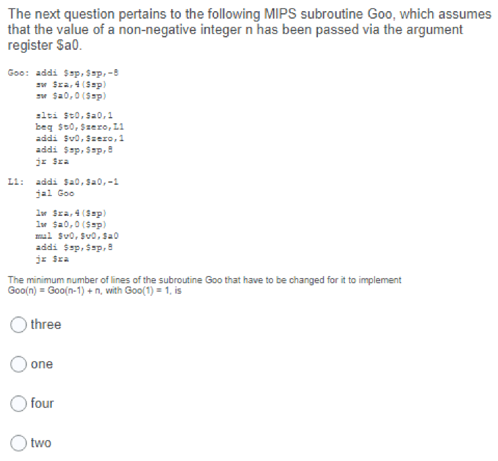 Solved The next question pertains to the following MIPS | Chegg.com