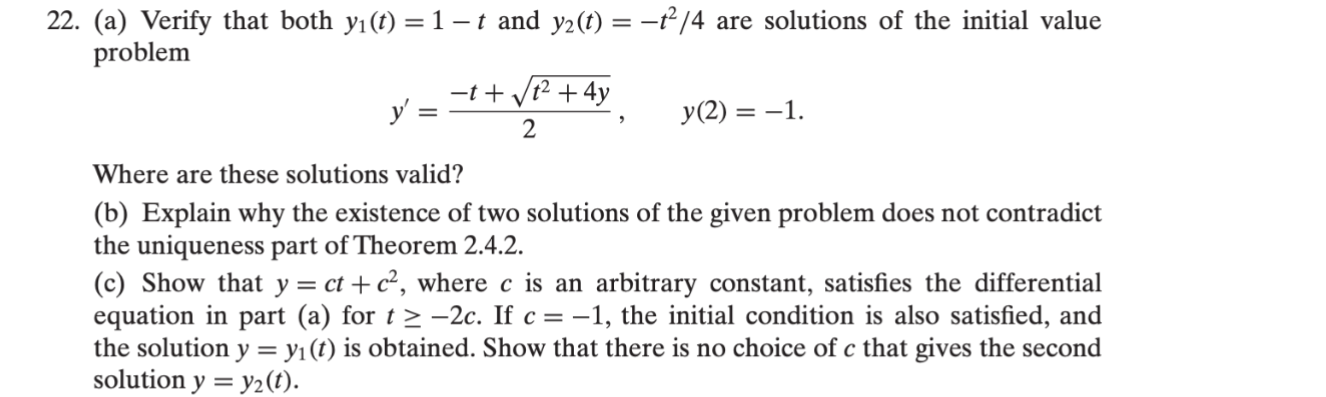Solved (a) Verify that both y1(t)=1−t and y2(t)=−t2/4 are | Chegg.com