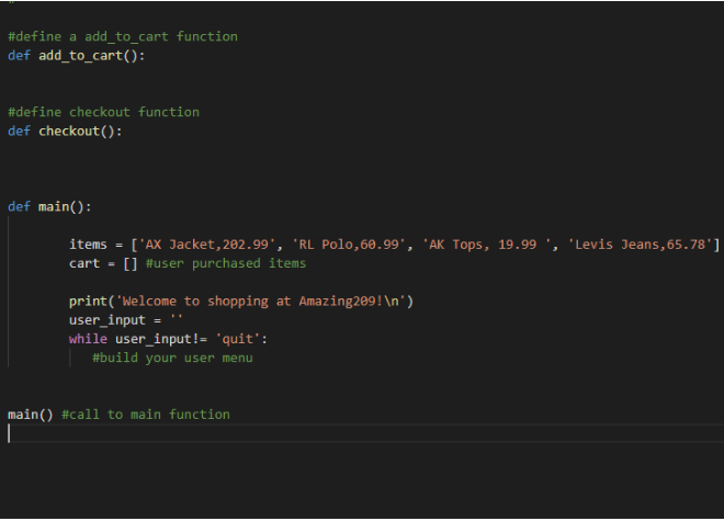 Solved #define a add_to_cart function def add_to_cart(): | Chegg.com