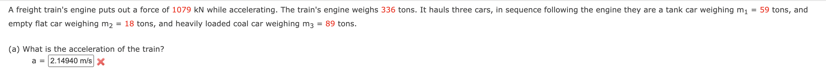 Solved empty flat car weighing m2=18 tons, and heavily | Chegg.com