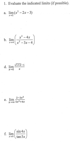Solved 1. Evaluate the indicated limits (if possible). a. | Chegg.com