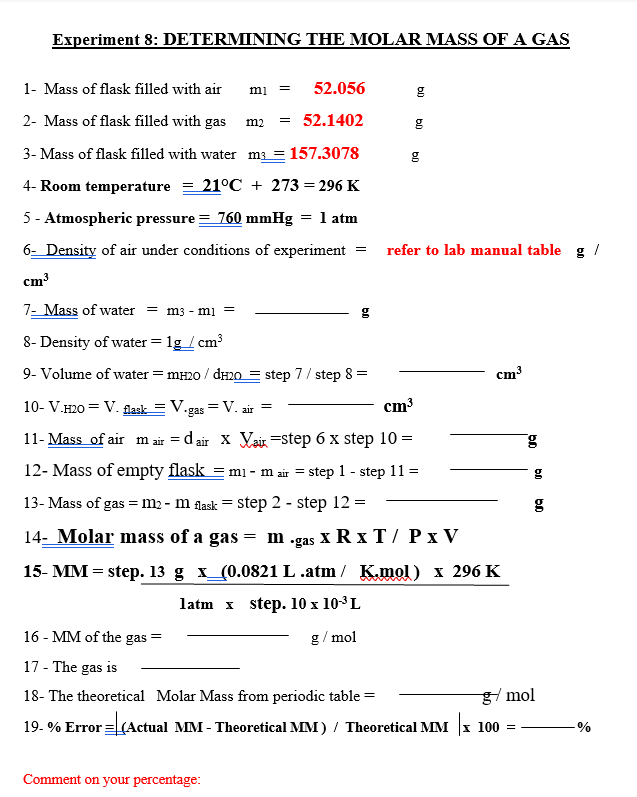 Solved Experiment 8: DETERMINING THE MOLAR MASS OF A GAS g | Chegg.com