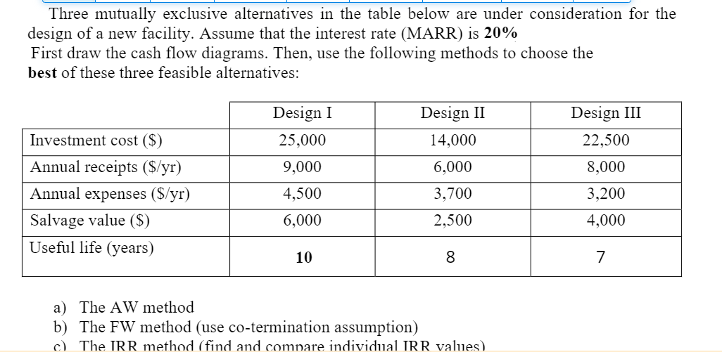 Three mutually exclusive alternatives in the table | Chegg.com